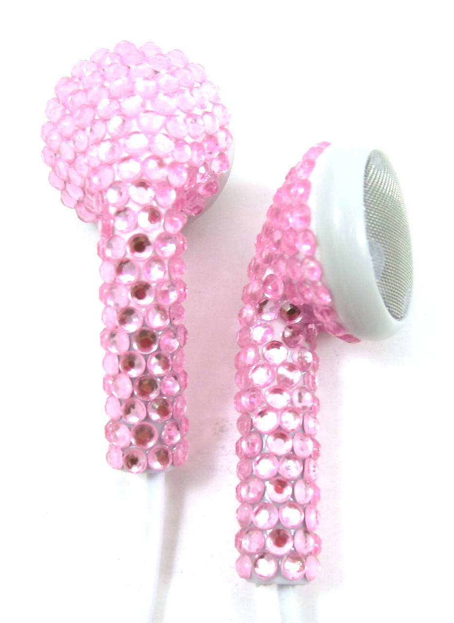 Pink (White Cord) Crystal Rhinestone Earphones Earbuds with Microphone